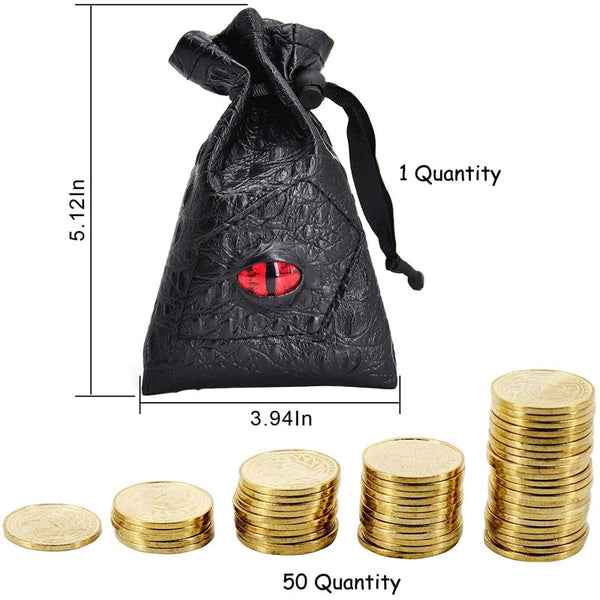 Black Dragon Leather Coinpurse and Metal Coins (50) for DND RPG COSPLAY ...